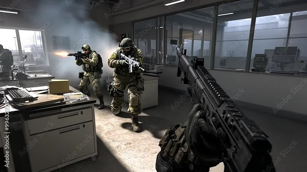 Armed Soldiers Engage in a Tactical Operation Inside an Office ...
