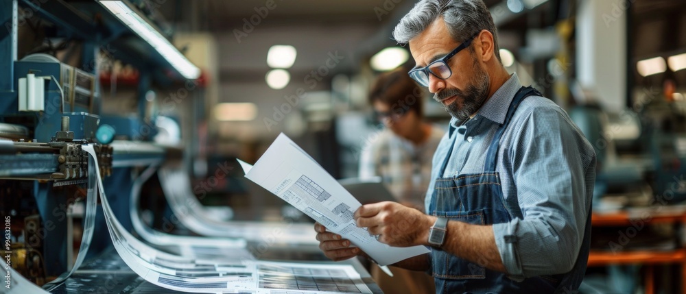 An adult male worker in a newspaper printing factory wearing glasses ...