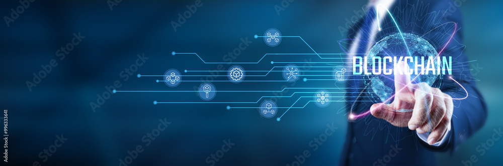 Blockchain. Businessman touch on innovative solutions, explores ...