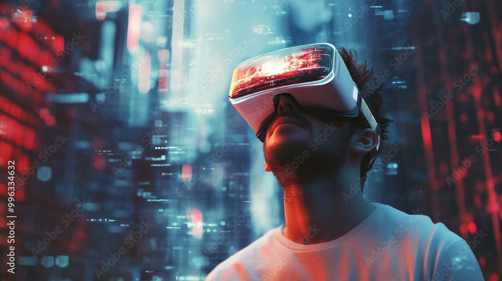 Futuristic VR and AR technology concept featuring a man wearing 3D VR headset glasses, gazing up ...
