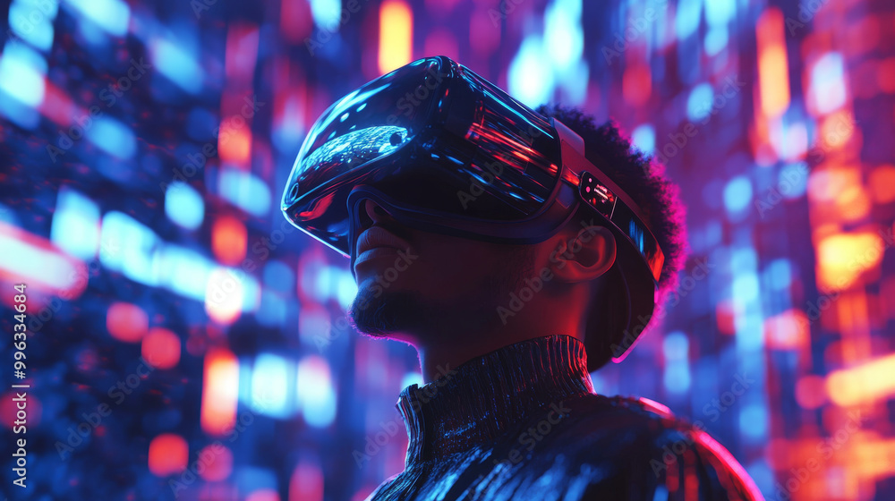 Futuristic VR and AR technology concept featuring a man wearing 3D VR headset glasses, gazing up ...