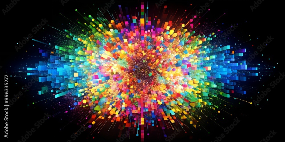Abstract explosion of colorful pixels in dark space AI-Generated ...