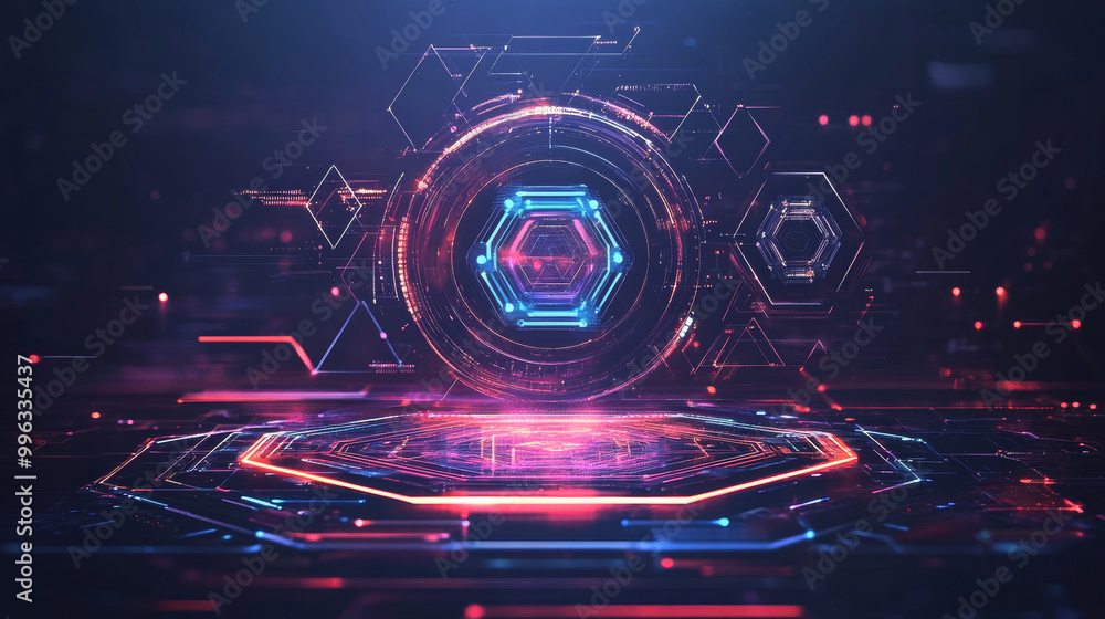 Virtual 3D elements featuring circles, hexagons, triangles, lines ...