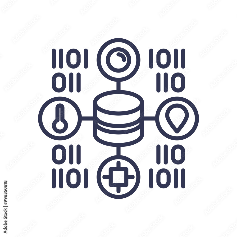 Illustration of interconnected sensors including temperature, location ...