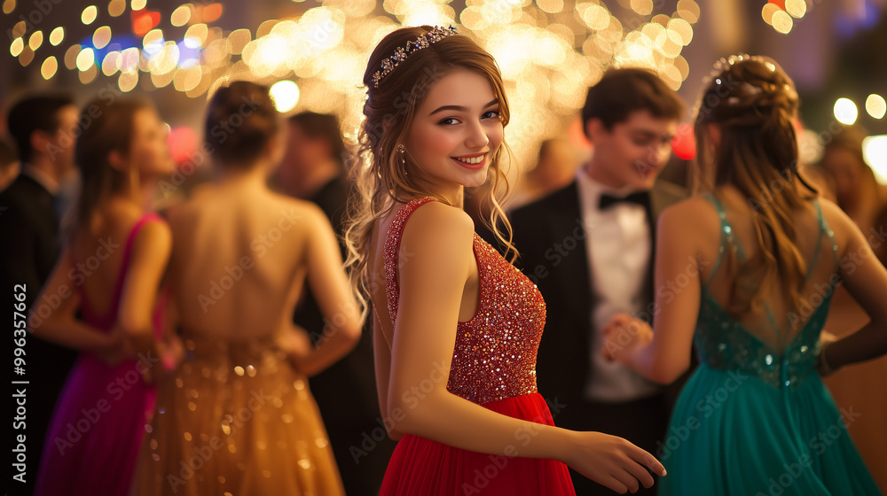 Teenage Girls and Their Dates Dancing at a Vibrant High School Prom ...