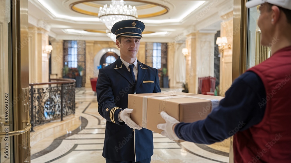 Elegant Hotel Lobby with Staff Exchanging Package. A hotel staff member ...