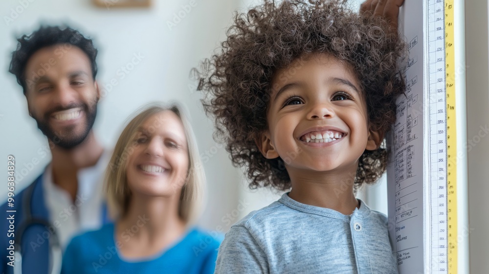 A pediatrician measuring a child's height on a growth chart, with the ...