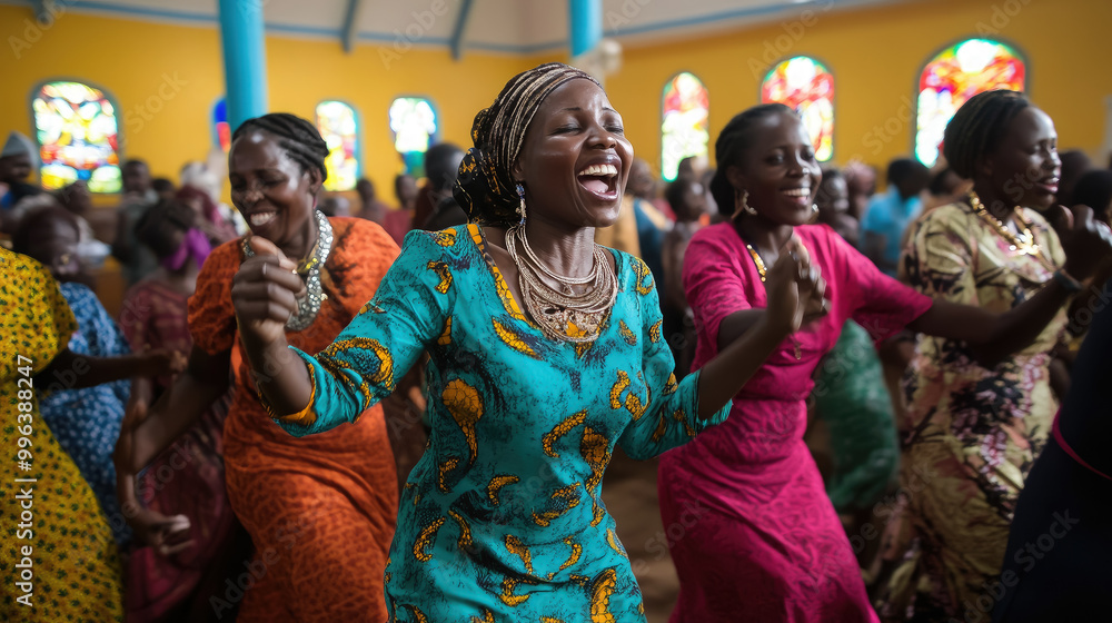 African American people dancing and singing at a Baptist church service ...
