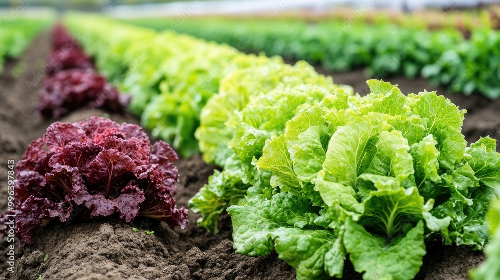 Vibrant red oak lettuce field in an agricultural setting serving as an ...