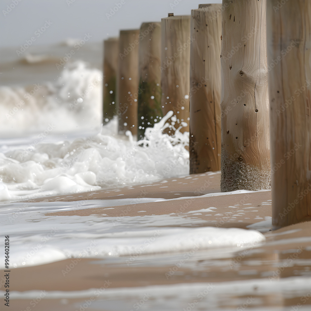 Wooden pilings lined up in a straight line stretching from the sea to ...