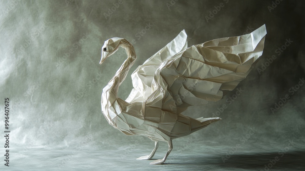 This detailed paper origami swan features intricate folds and an ...