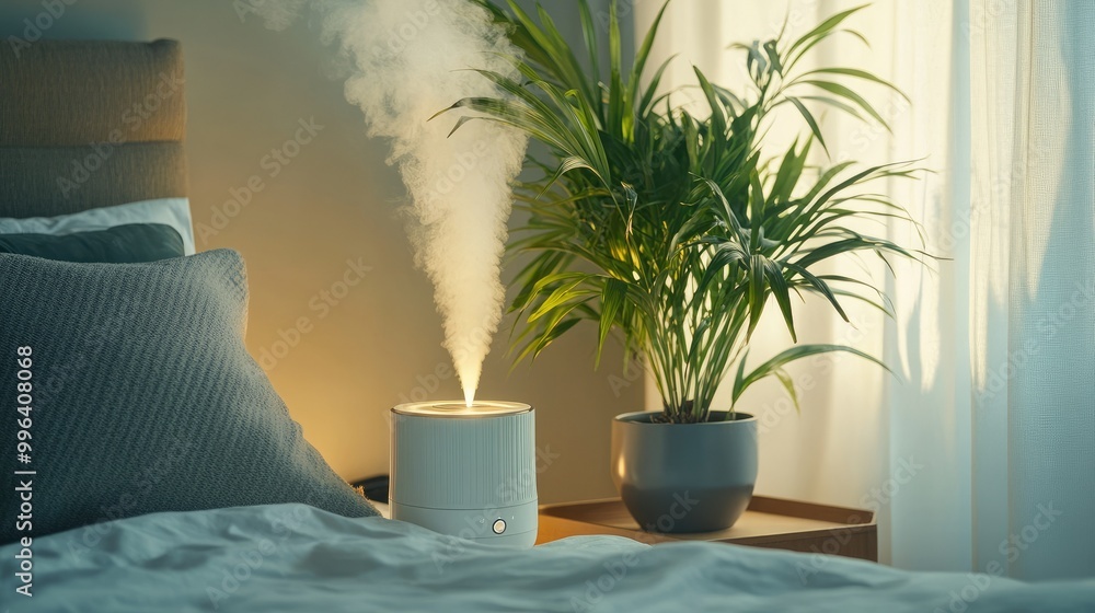 A modern air humidifier placed next to a houseplant on a bedside table ...