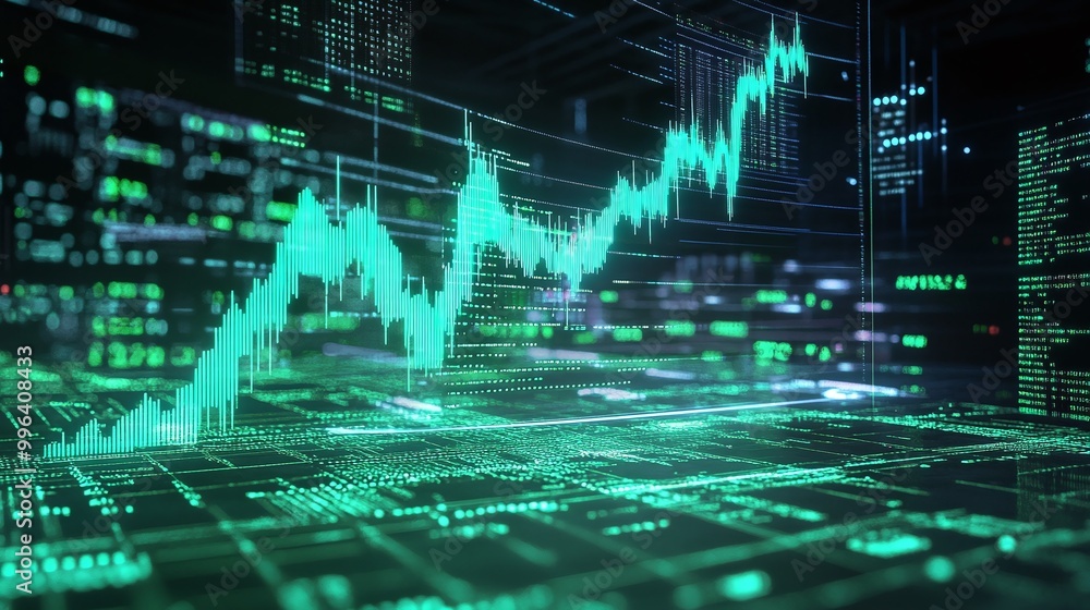 Digital Stock Market Graph With Green Lines Representing Growth And Data Analysis On A Dark Tech