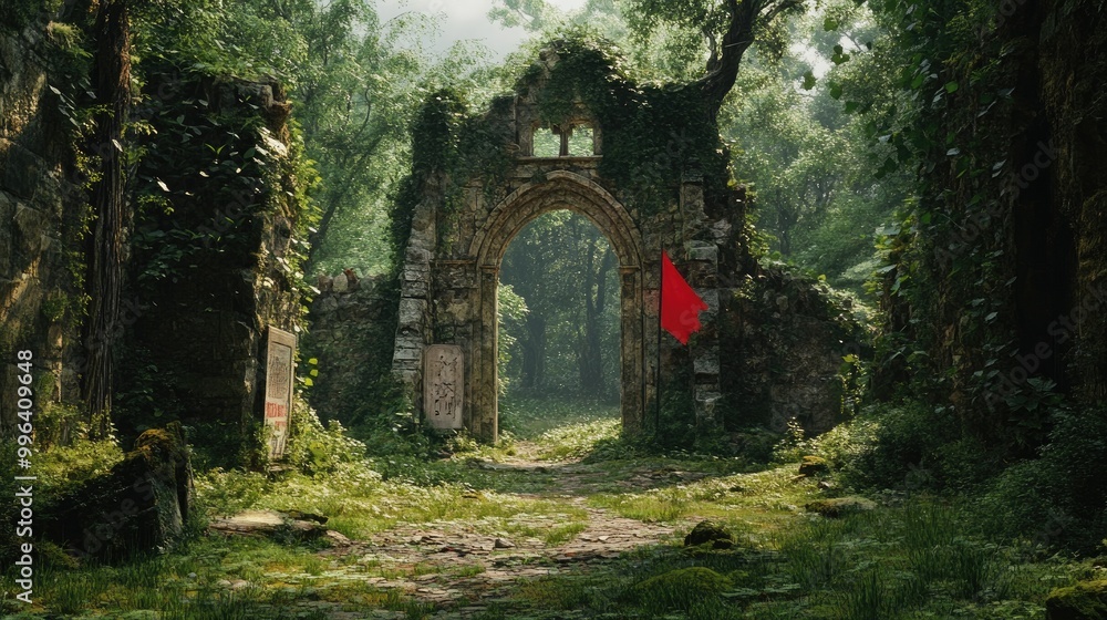 ancient arch in the middle of the picture. There was a sign on it with ...