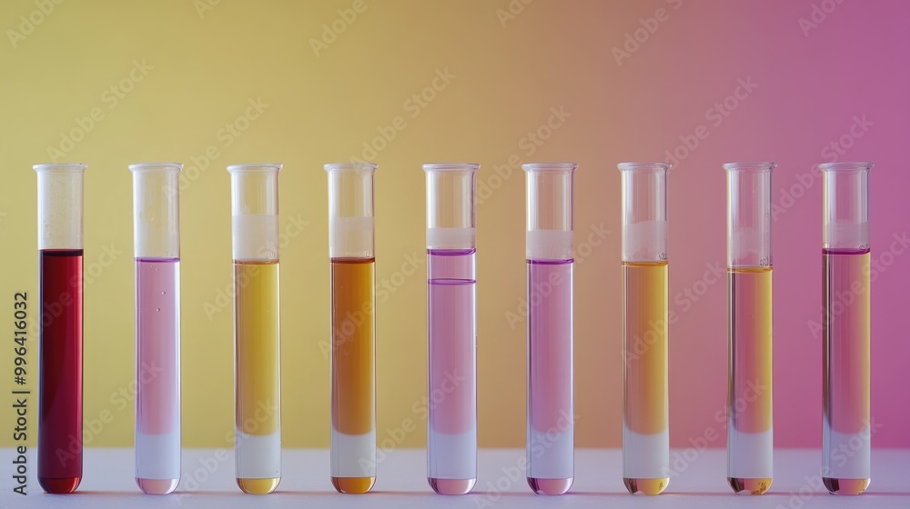 Flask and test tubes containing urine against a backdrop of medical ...