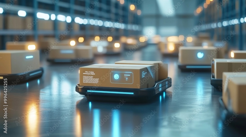 Automated robots transporting packages through a modern warehouse at dusk with glowing lights ...