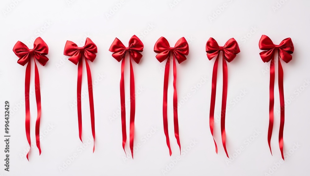 For gift decor, set of red bows with diagonal ribbons on transparent ...