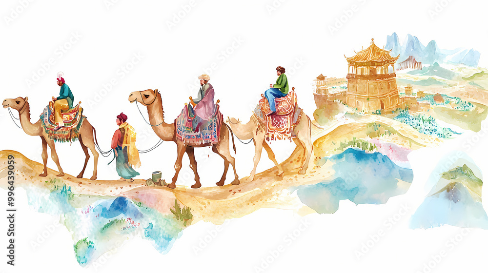 A watercolor of a detailed map of the silk road, featuring camels and ...