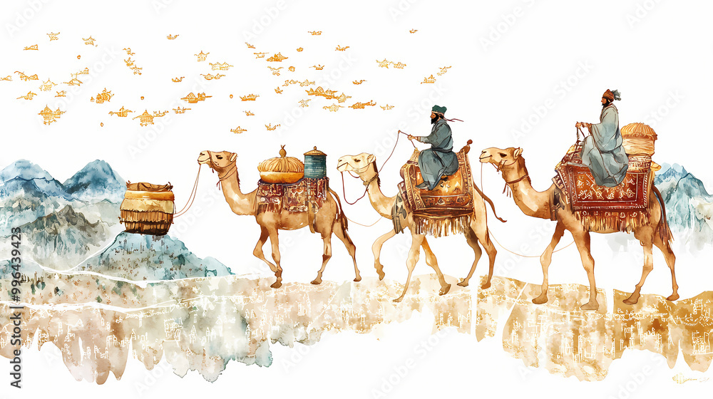A watercolor of a detailed map of the silk road, featuring camels and ...