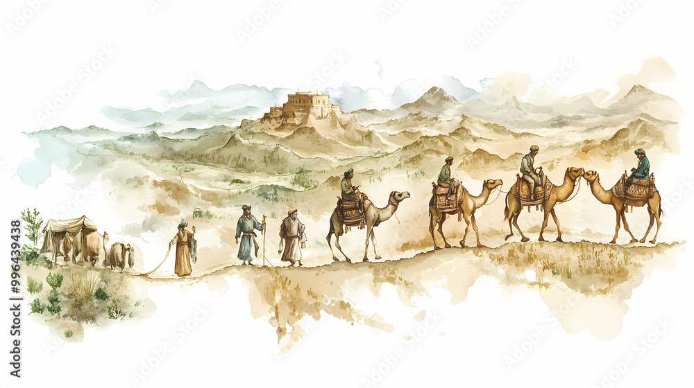 A watercolor of a detailed map of the silk road, featuring camels and ...