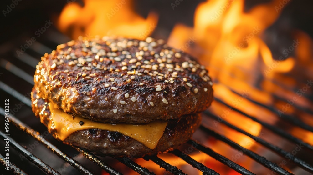 Cheeseburger on a charcoal grill with flames, showing the process of ...