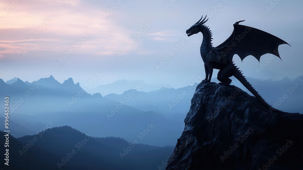Dragon with a rucksack climbing a mythical mountain, mystical and ...