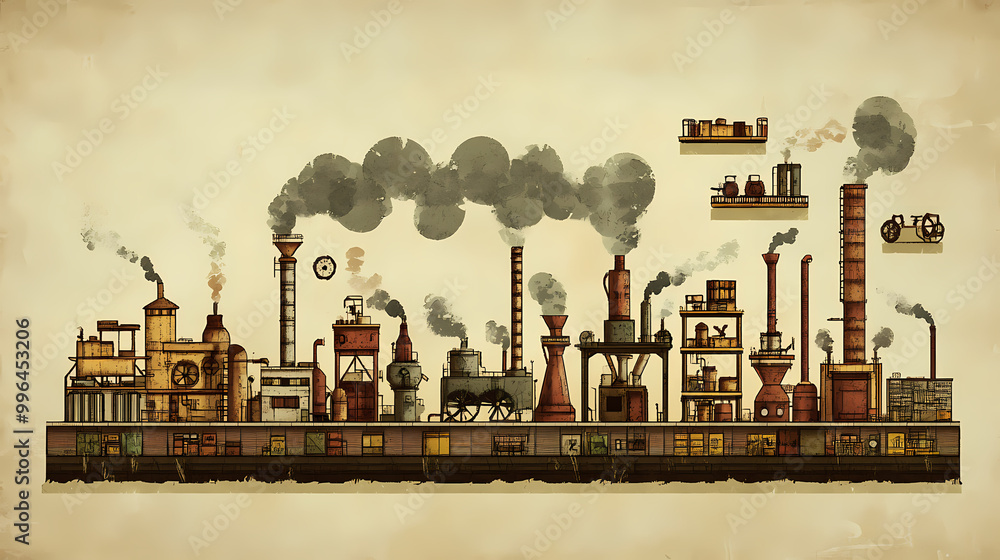 A simple drawing of how machines, factories, and steam changed the way ...