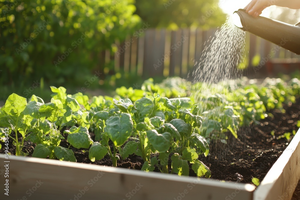 person watering plants in a backyard farm, vibrant green vegetables ...