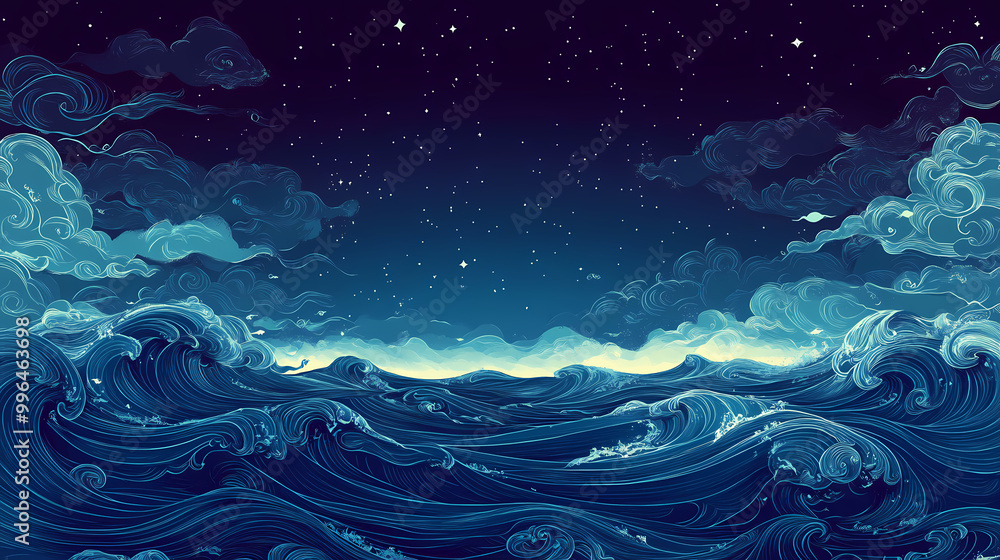 Abstract sea background with clouds, sea landscape, night, stars in the ...