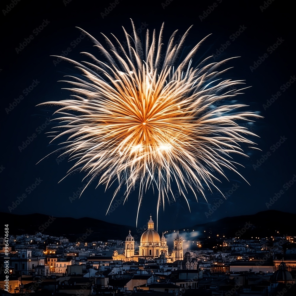 Grand firework display exploding over a historic city at night, ancient ...