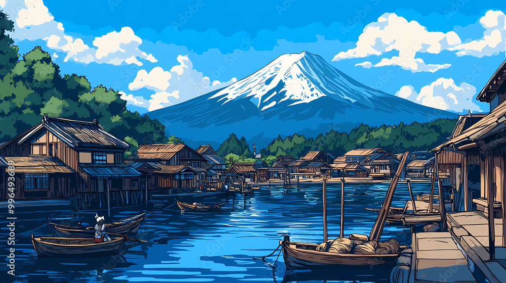 Cartoon cute doodles of a peaceful fishing village on the coast of ...