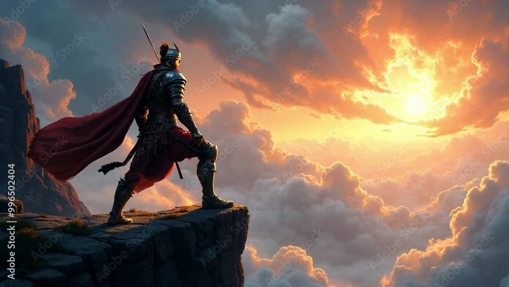 Warrior Standing on Mountain in Heroic Pose with Red Cape Flowing in ...