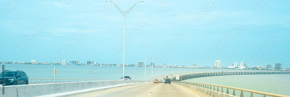 Panorama view Queen Isabella Memorial Bridge Causeway over Gulf Coast ...