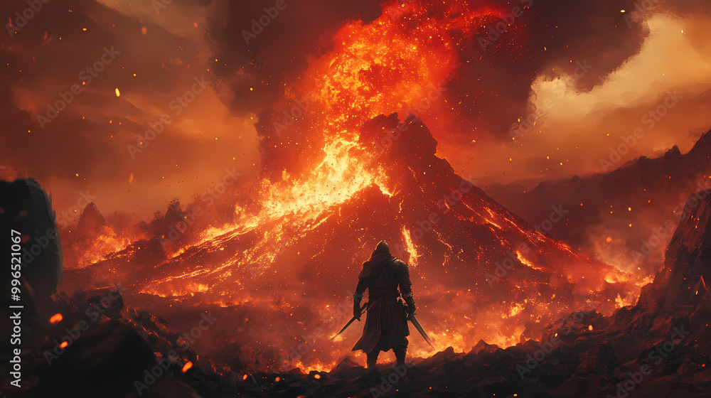 Envision a fantasy blacksmith in a medium shot, forging weapons with a ...