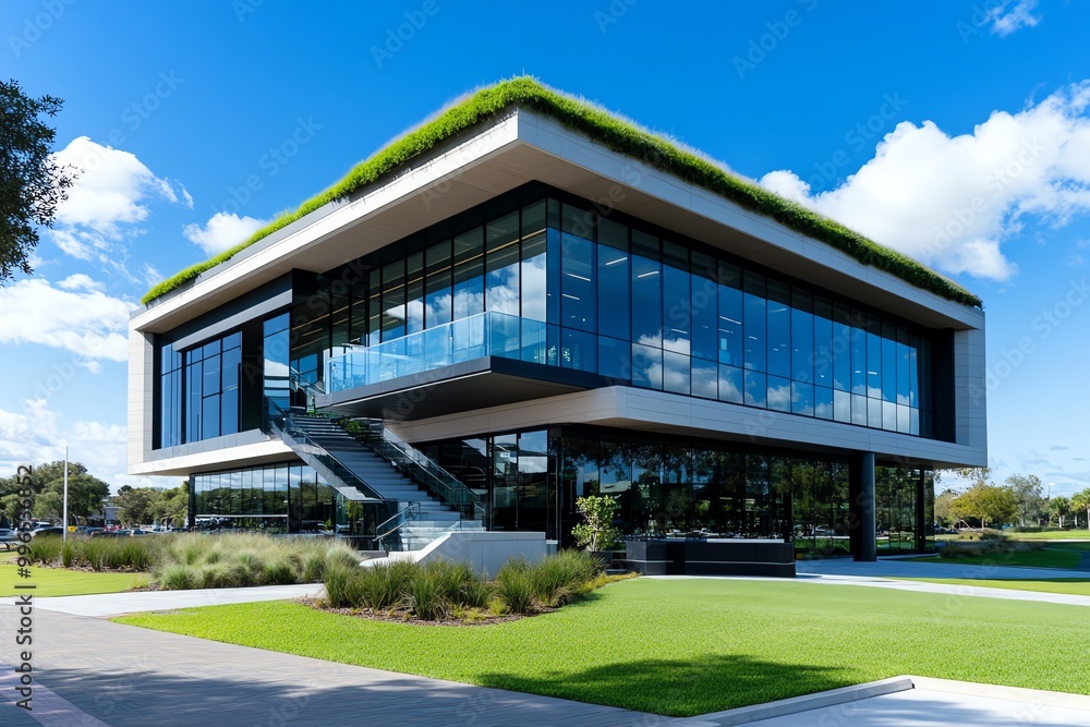 A modern office building with energy-efficient windows and a green roof ...