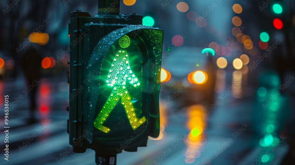 Traffic light displaying a green man walking sign, indicating it's safe ...