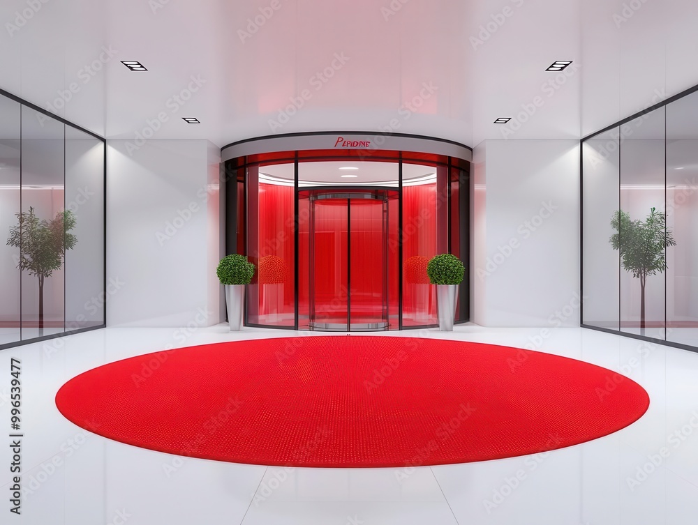 Bank entrance with revolving doors, red carpet, lavish lighting ...