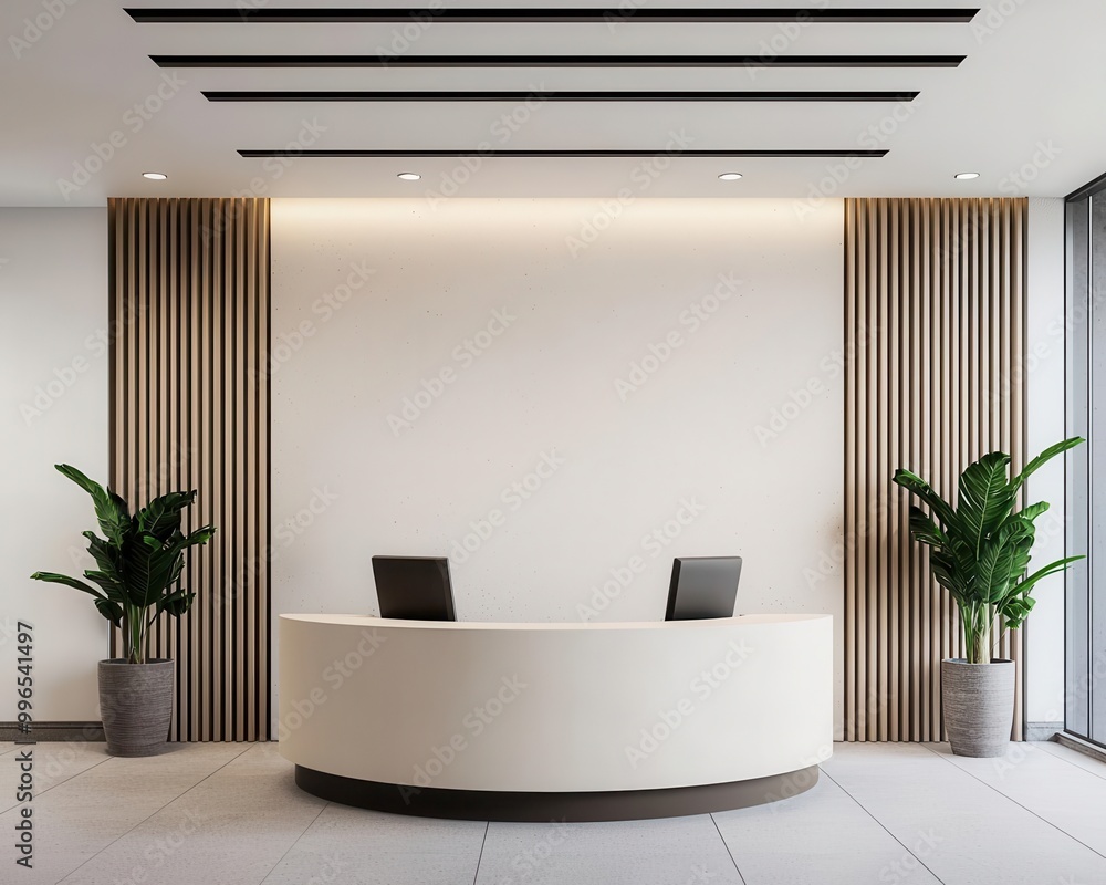Stylish bank reception with circular desk, plush seating, ambient ...