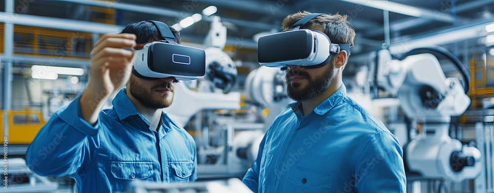 Engineers using VR headsets in modern industrial setting to visualize ...