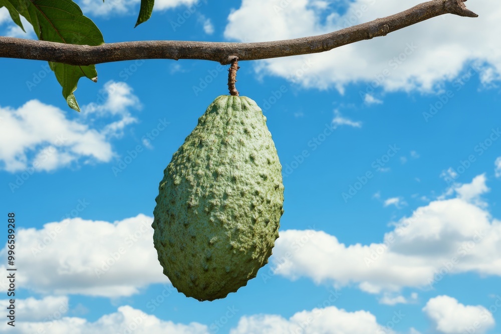 a single giant petai fruit hanging from a tree branch, set against a ...