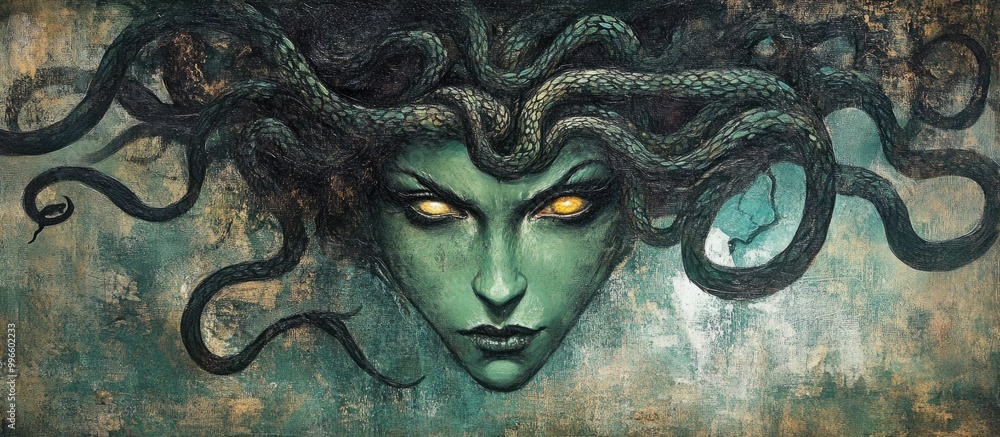 Artwork depicting Medusa with serpentine hair known for the legend that ...
