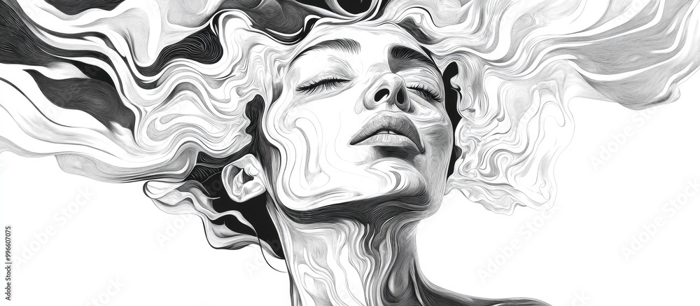 2d portrait of a surrealist artist Black and white hand drawn ...