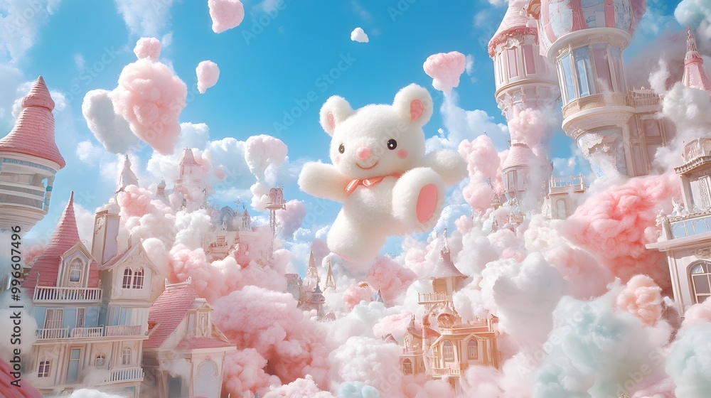 Sunwukong plush flying through a whimsical town made of fluffy cotton ...