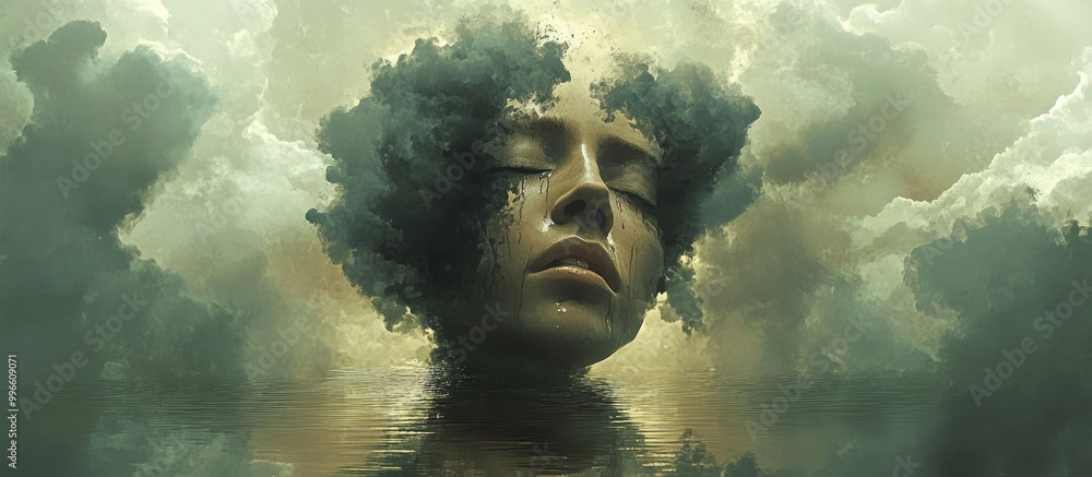 Surreal depiction of a human head surrounded by a dark cloud and water ...