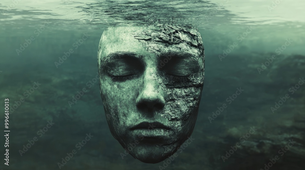 Surreal artwork depicting a human head submerged in water illustrating ...