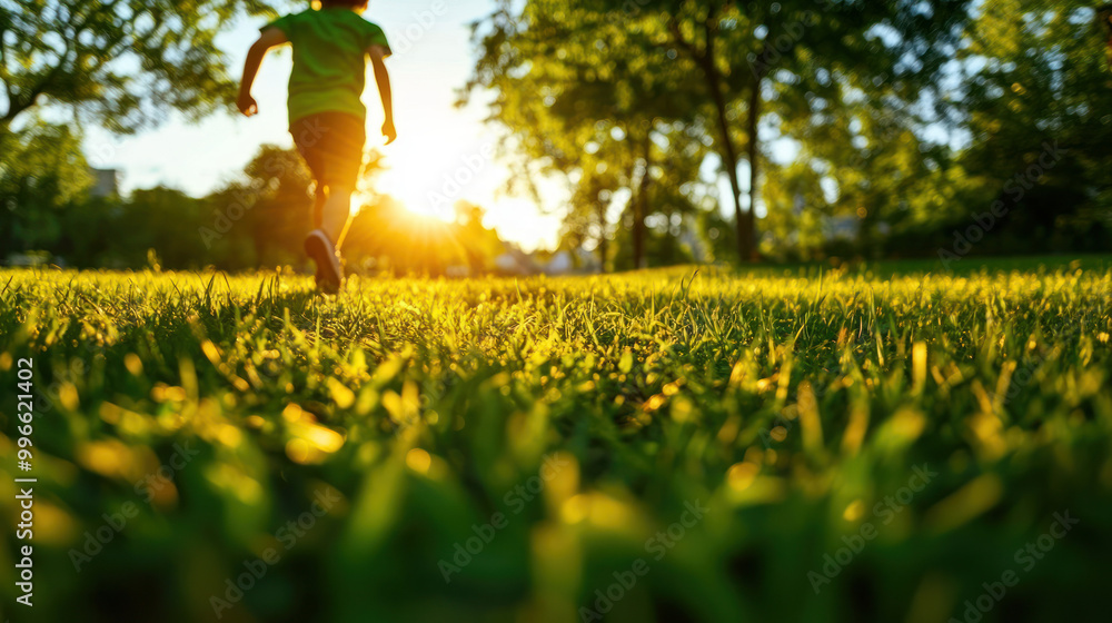 Happy child running through a green meadow with sunlight filtering ...