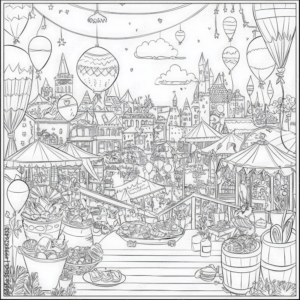 A colorful street festival with balloons and food, coloring page for ...