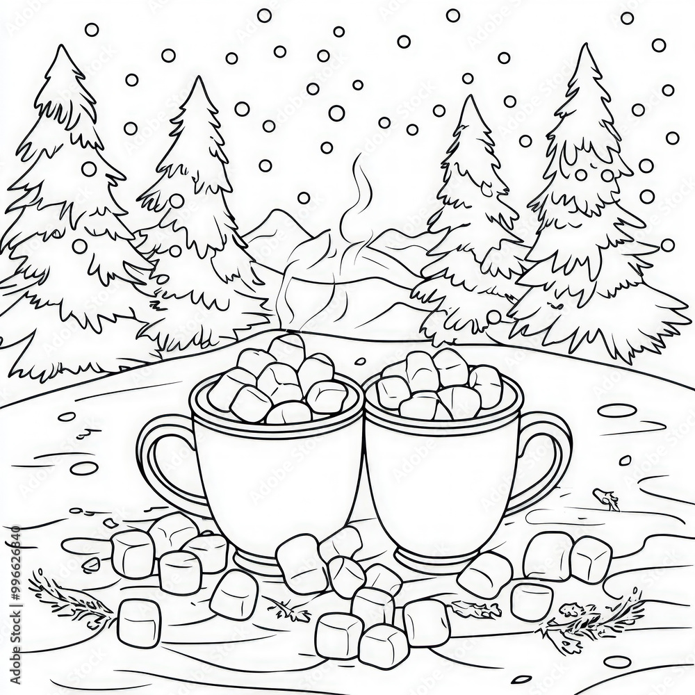 A cozy winter scene with hot cocoa and marshmallows, coloring page for ...