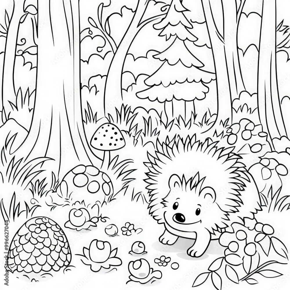 A cute hedgehog wandering through a forest, coloring page for kids ...