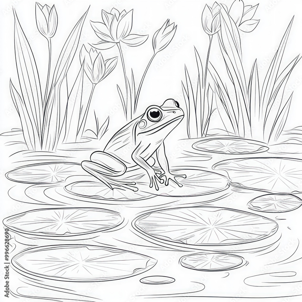 A happy frog hopping on lily pads, coloring page for kids, simple ...